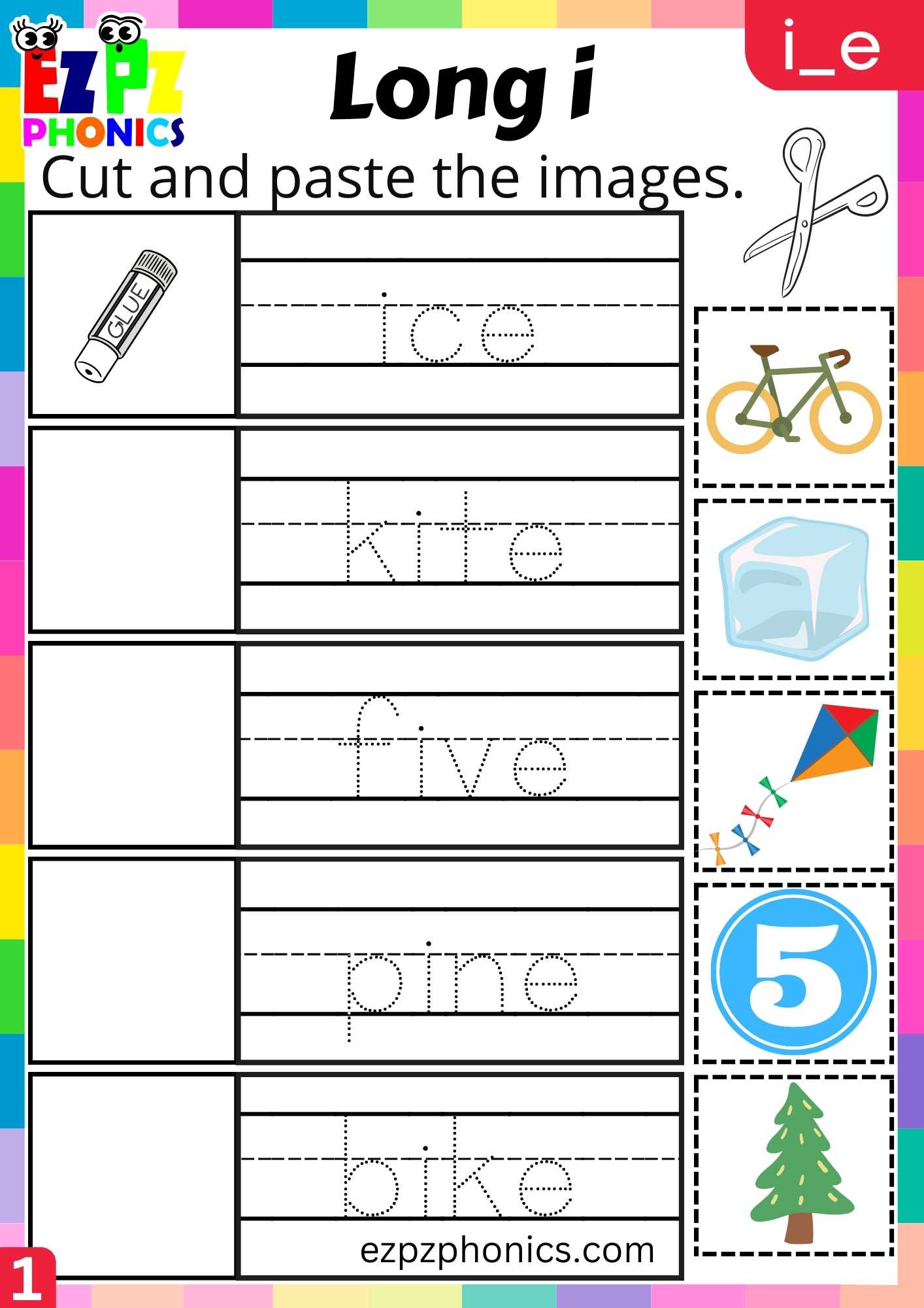Group1 I_E Words Cut And Paste The Images Long I Phonics Worksheet - ezpzphonics.com